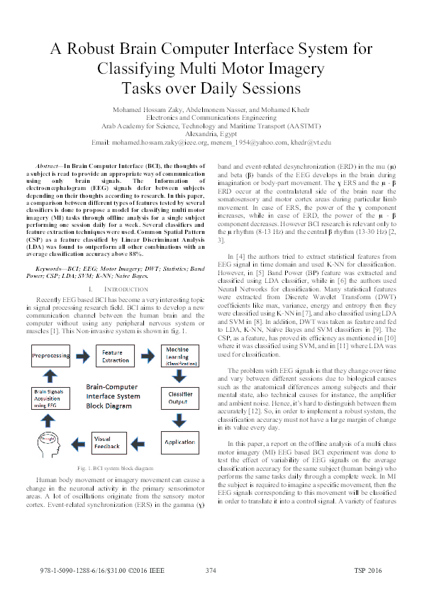 Pdf A Robust Brain Computer Interface System For Classifying Multi