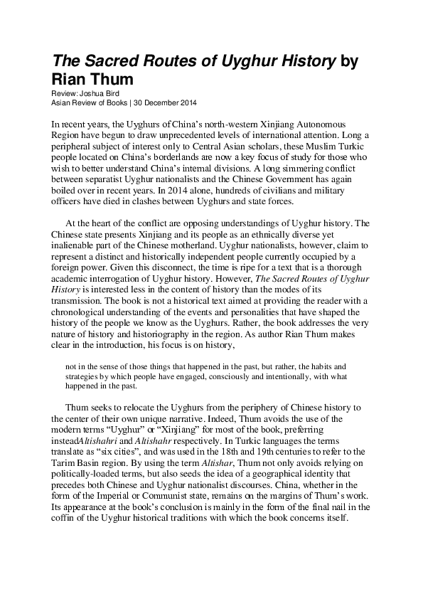 (PDF) Review: The Sacred Routes of Uyghur History by Rian Thum