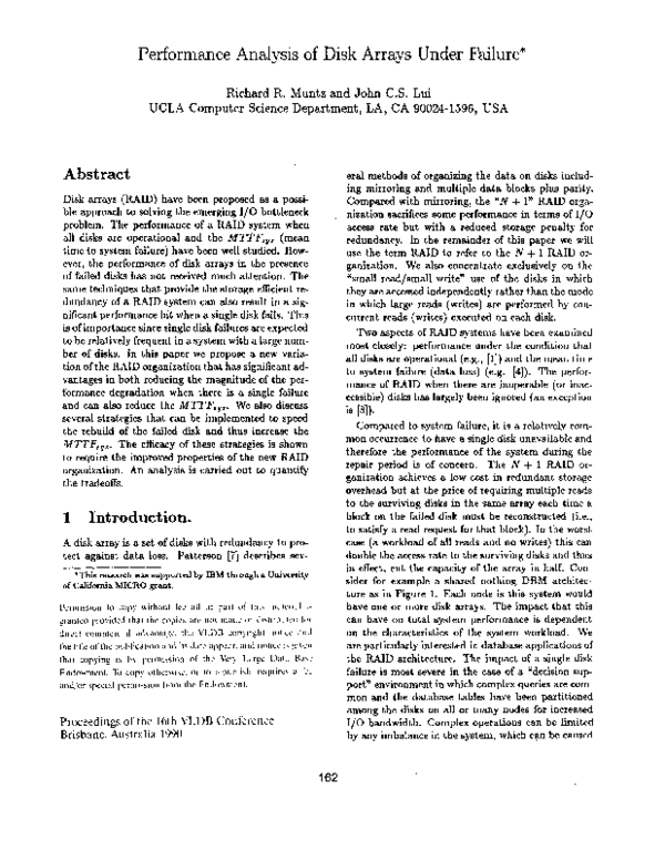 (PDF) Performance analysis of disk arrays under failure