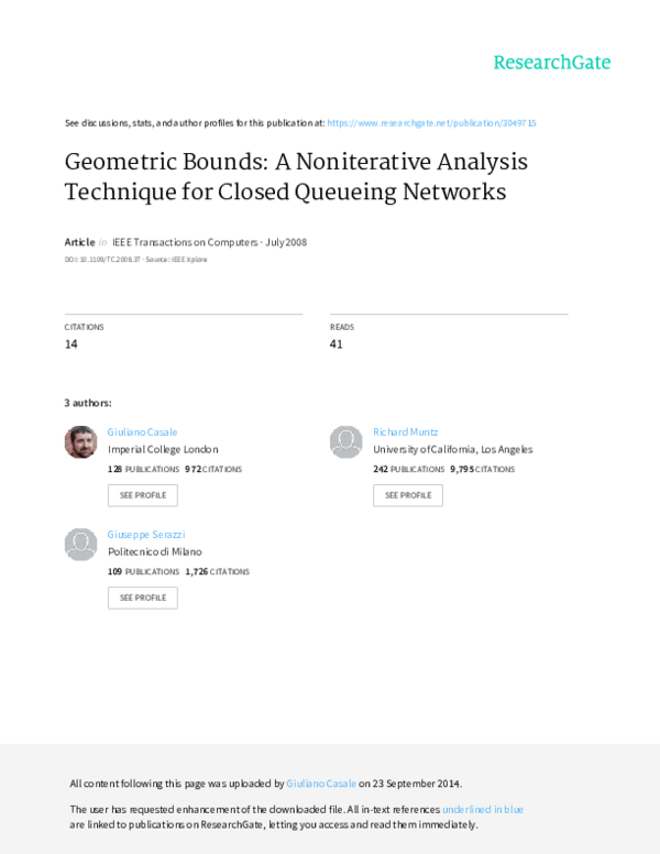 Pdf Geometric Bounds A Noniterative Analysis Technique For Closed Queueing Networks