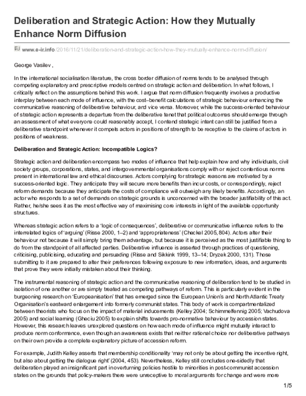 (PDF) 'Deliberation and Strategic Action: How they Mutually Enhance Norm Diffusion'