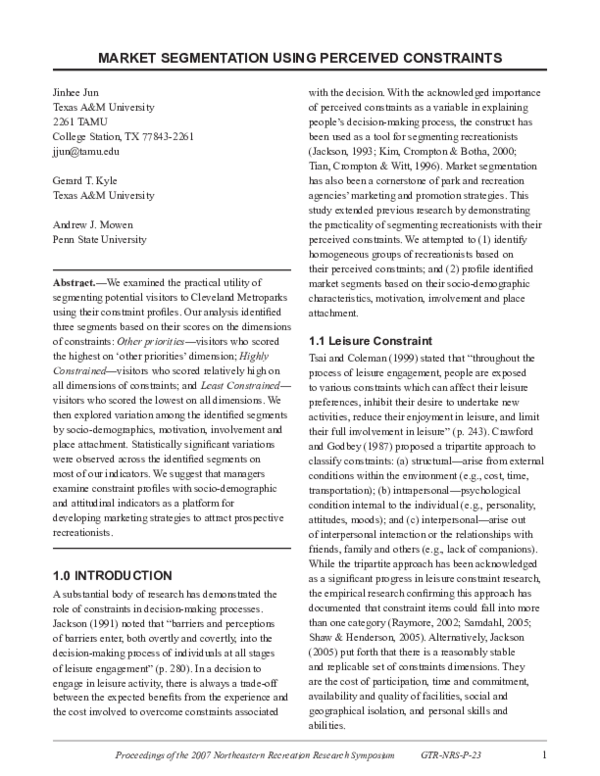 Pdf Market Segmentation Using Perceived Constraints