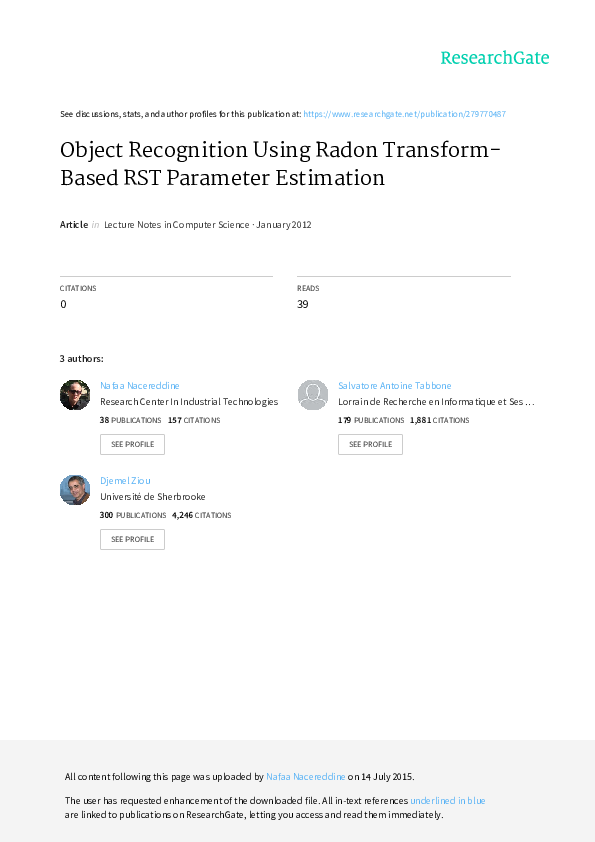 (PDF) Object Recognition Using Radon Transform-Based RST Parameter Estimation