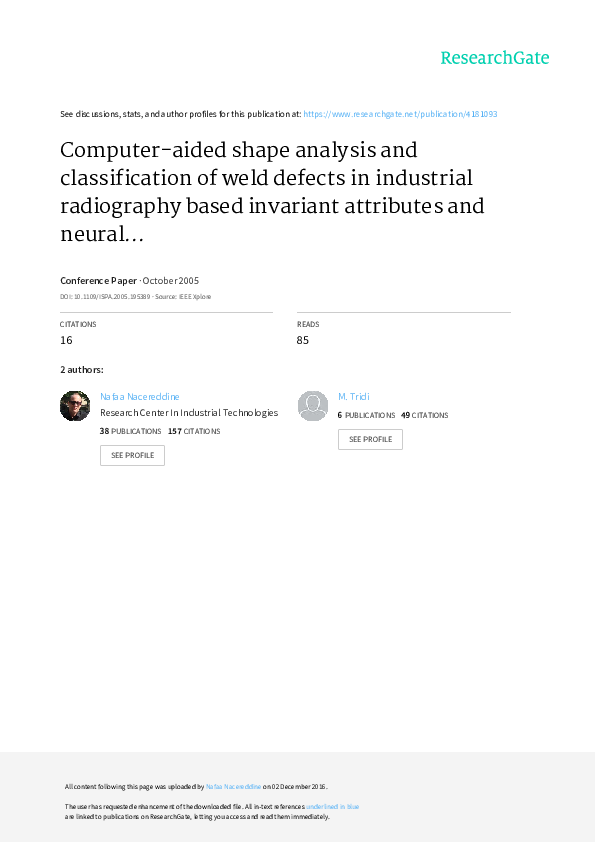 Pdf Computer Aided Shape Analysis And Classification Of Weld Defects In Industrial Radiography