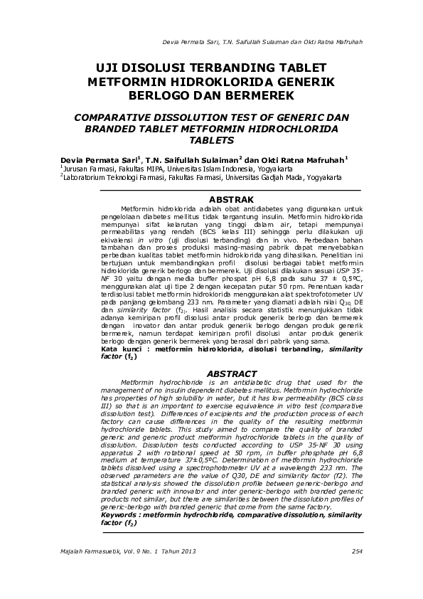 (PDF) UJI DISOLUSI TERBANDING TABLET METFORMIN HIDROKLORIDA GENERIK ...