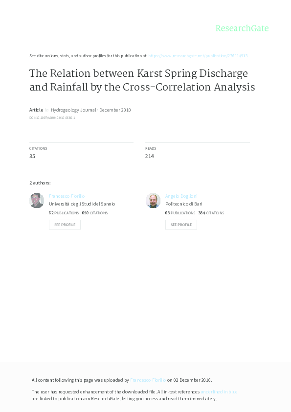 (PDF) The relation between karst spring discharge and rainfall by cross-correlation analysis ...