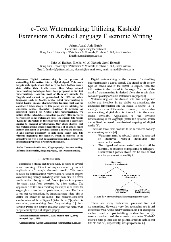 (PDF) e-Text Watermarking: Utilizing 'Kashida' Extensions in Arabic ...