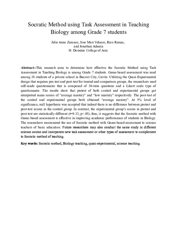 (DOC) Socratic Method using Task Assessment in Teaching Biology Among ...