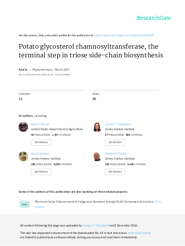 (PDF) Potato glycosterol rhamnosyltransferase, the terminal step in ...