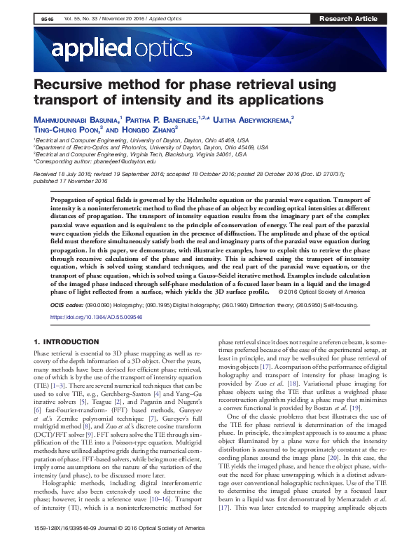 Pdf Recursive Method For Phase Retrieval Using Transport Of Intensity