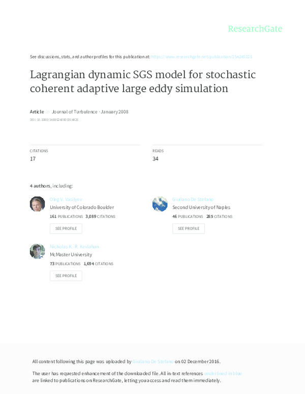 Pdf Lagrangian Dynamic Sgs Model For Stochastic Coherent Adaptive Large Eddy Simulation