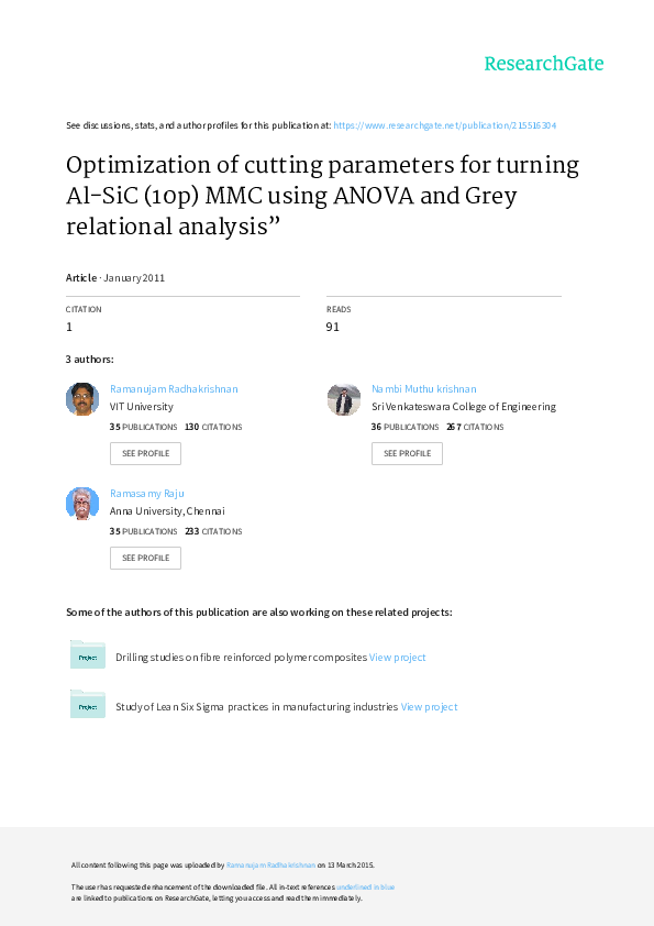 (PDF) Optimization of cutting parameters for turning Al-SiC(10p) MMC using ANOVA and grey ...