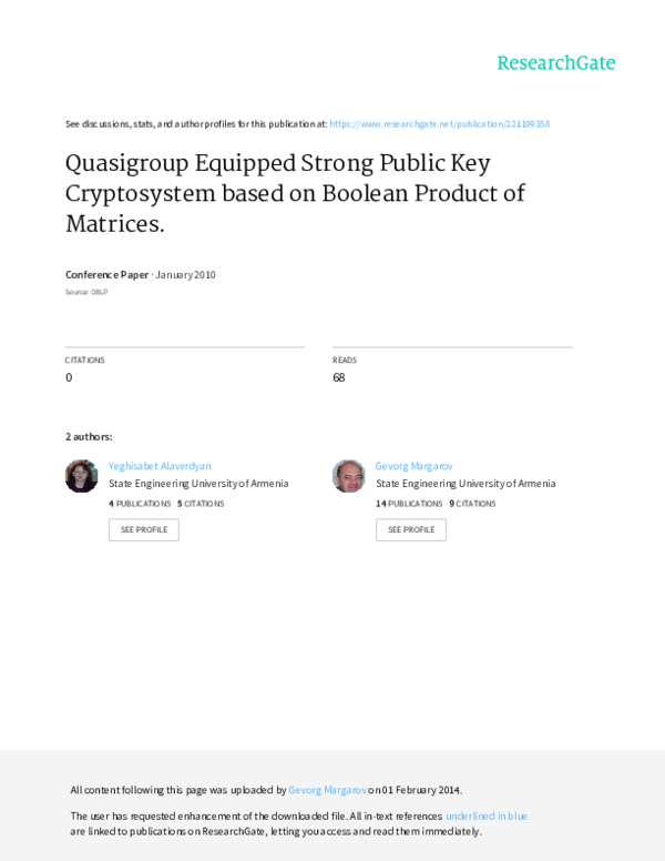 (PDF) Quasigroup Equipped Strong Public Key Cryptosystem based on Boolean Product of Matrices