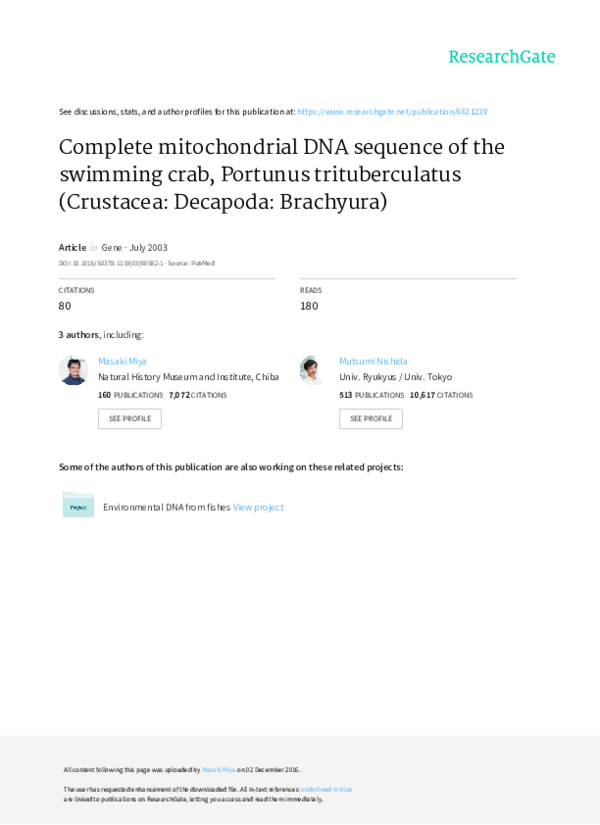 (PDF) Complete mitochondrial DNA sequence of the swimming crab ...