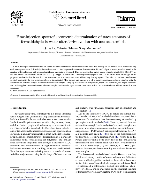 Pdf Flow Injection Spectrofluorometric Determination Of Trace Amounts Of Formaldehyde In Water