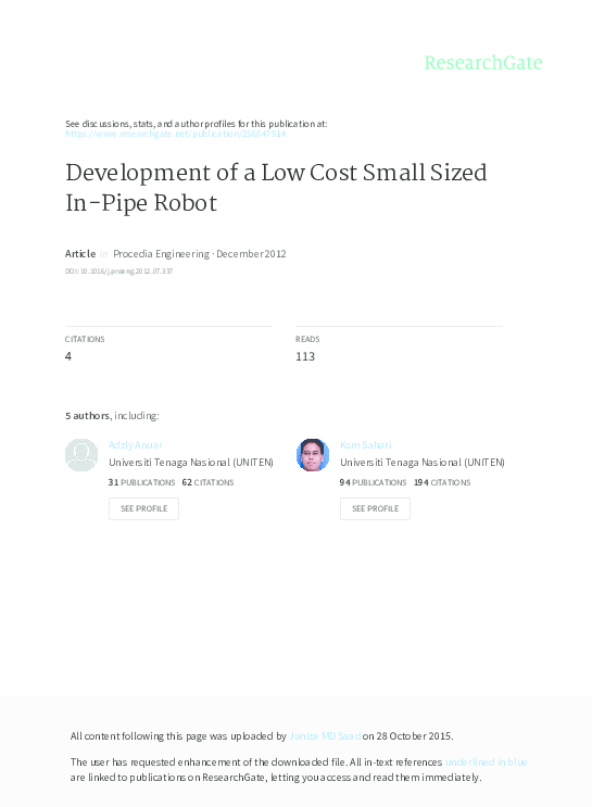 (PDF) Development of a Low Cost Small Sized In-Pipe Robot