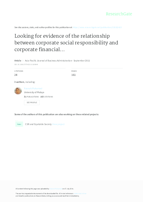 (PDF) Looking for evidence of the relationship between corporate social responsibility and ...