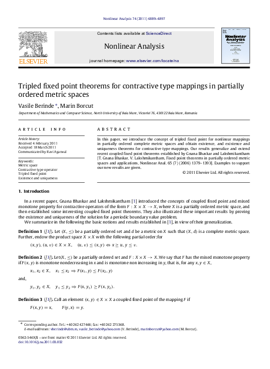 Pdf Tripled Fixed Point Theorems For Contractive Type Mappings In Partially Ordered Metric Spaces