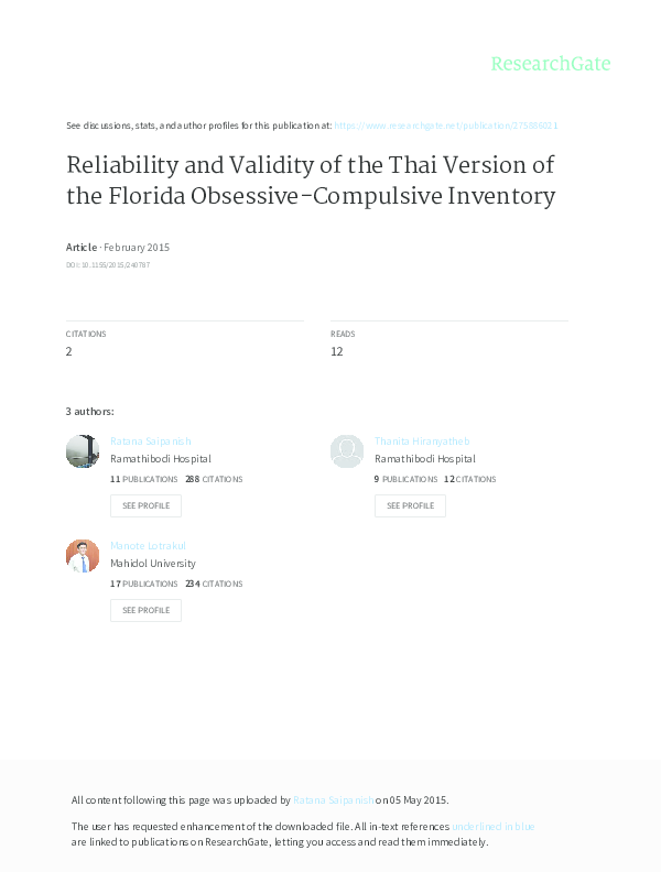 (PDF) Reliability and Validity of the Thai Version of the Florida ...