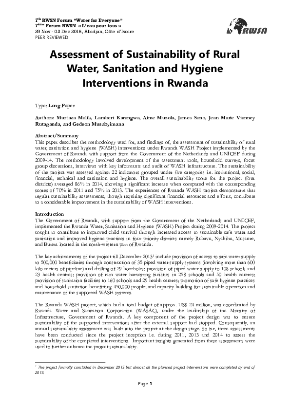 (PDF) Assessment of Sustainability of Rural Water, Sanitation and ...