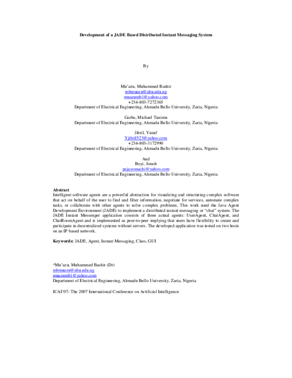 (PDF) Development of a JADE Based Distributed Instant Messaging System (PDF) Development of a JADE Based Distributed Instant Messaging System