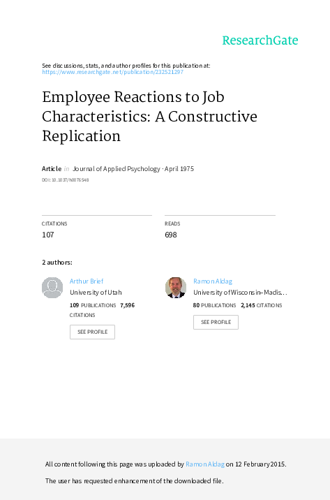 (PDF) Employee reactions to job characteristics: A constructive replication