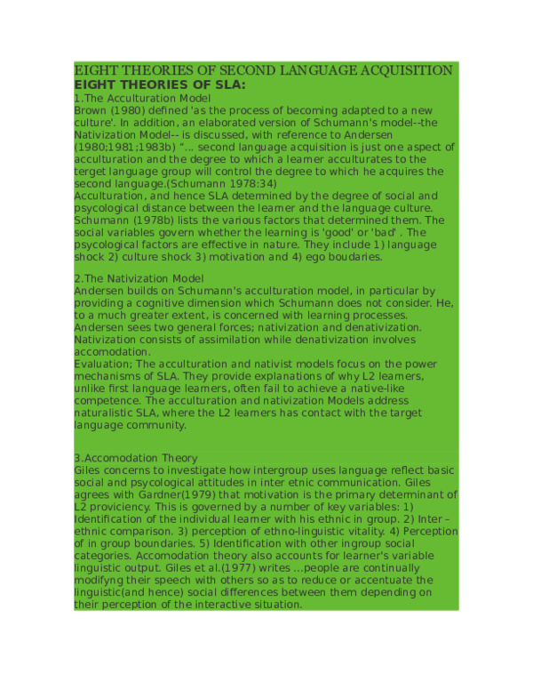 (DOC) EIGHT THEORIES OF SECOND LANGUAGE ACQUISITION EIGHT THEORIES OF SLA