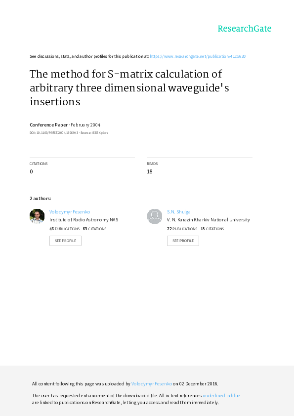 (PDF) The method for S-matrix calculation of arbitrary three dimensional waveguide's insertions