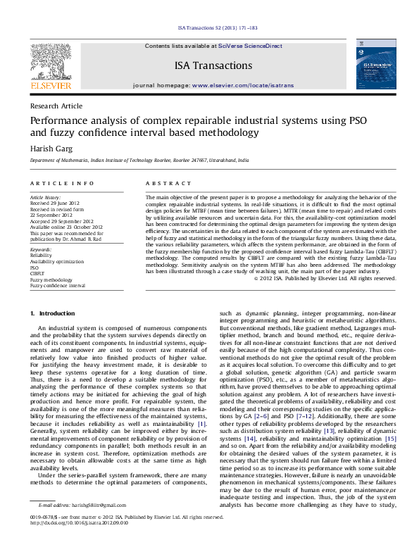 (PDF) Performance analysis of complex repairable industrial systems using PSO and fuzzy ...