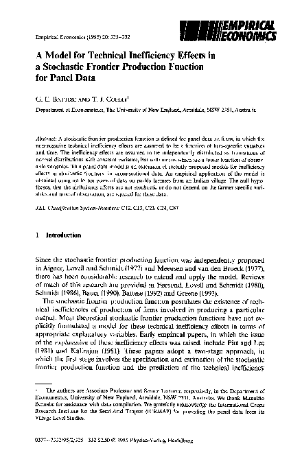 Pdf A Model For Technical Inefficiency Effects In A Stochastic Frontier Production Function