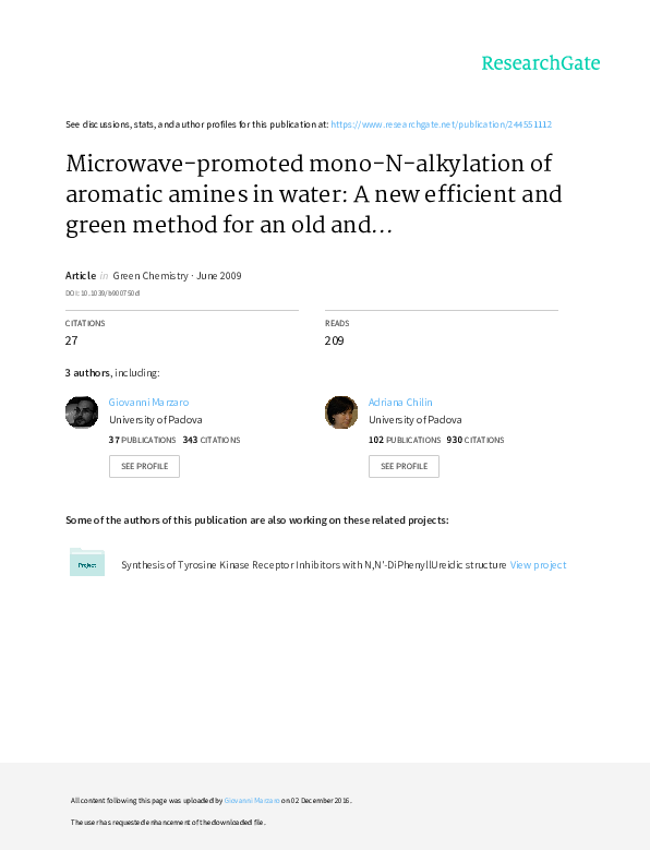 Pdf Microwave Promoted Mono N Alkylation Of Aromatic Amines In Water A New Efficient And