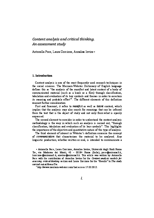 (PDF) Content analysis and critical thinking. An assessment study