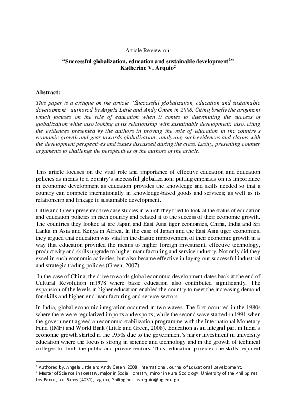 (PDF) Article Review on: " Successful globalization, education and ...