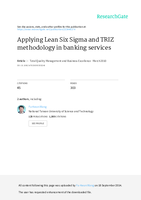 (PDF) Applying Lean Six Sigma and TRIZ methodology in banking services