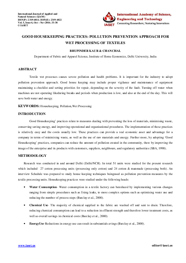 (PDF) GOOD HOUSEKEEPING PRACTICES: POLLUTION PREVENTION APPROACH FOR ...