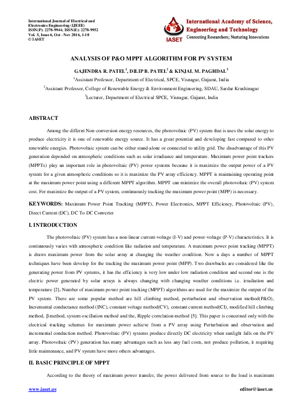 (PDF) ANALYSIS OF P&O MPPT ALGORITHM FOR PV SYSTEM