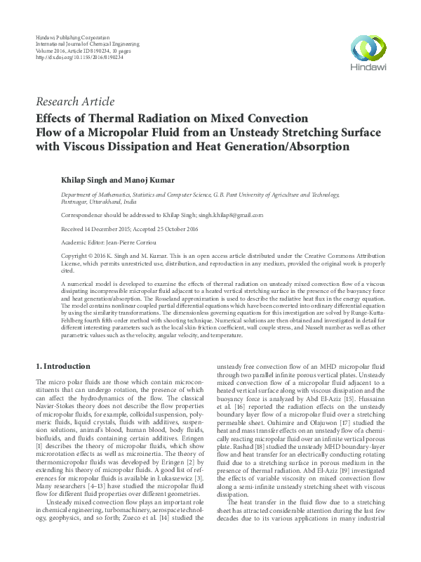 (PDF) Effects of Thermal Radiation on Mixed Convection Flow of a Micropolar Fluid from an ...
