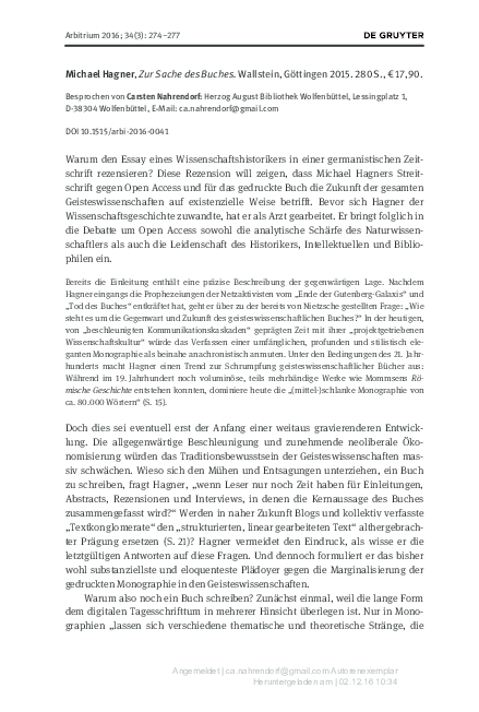 (PDF) Rezension Michael Hagner: Zur Sache des Buches. In: Arbitrium ...
