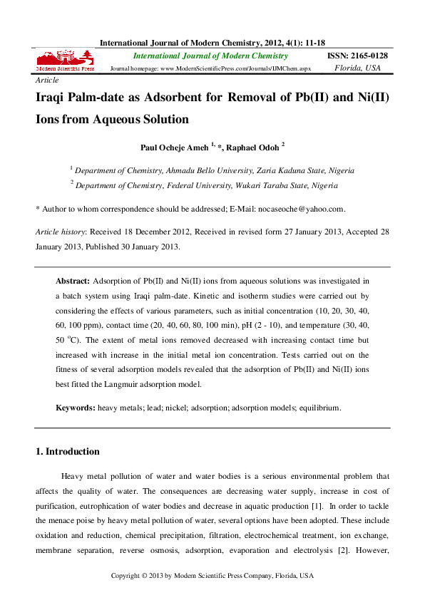(PDF) Iraqi Palm-date as Adsorbent for Removal of Pb(II) and Ni(II) Ions from Aqueous Solution