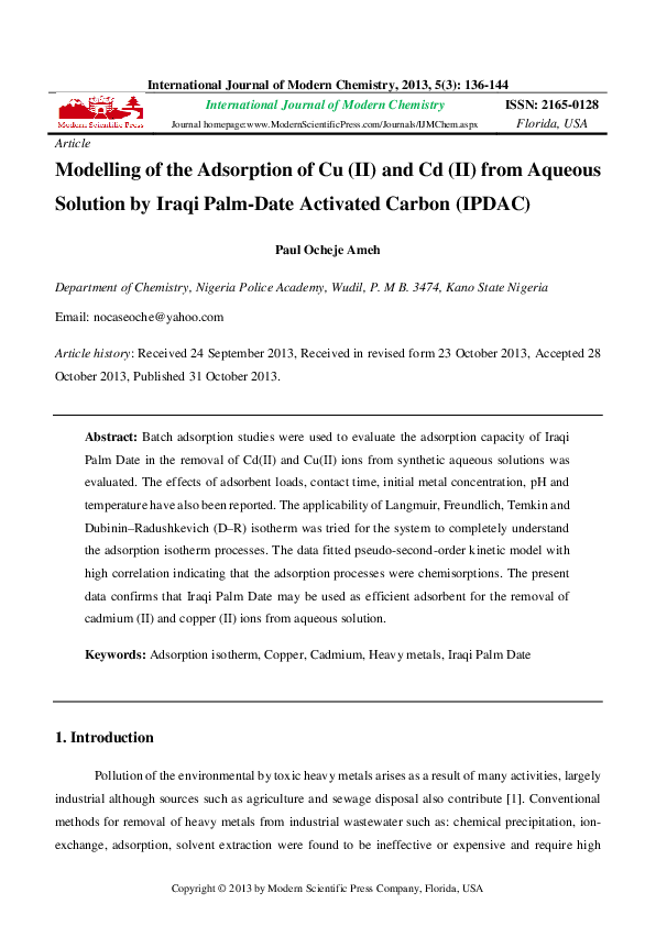 (PDF) Modelling of the Adsorption of Cu (II) and Cd (II) from Aqueous Solution by Iraqi Palm ...