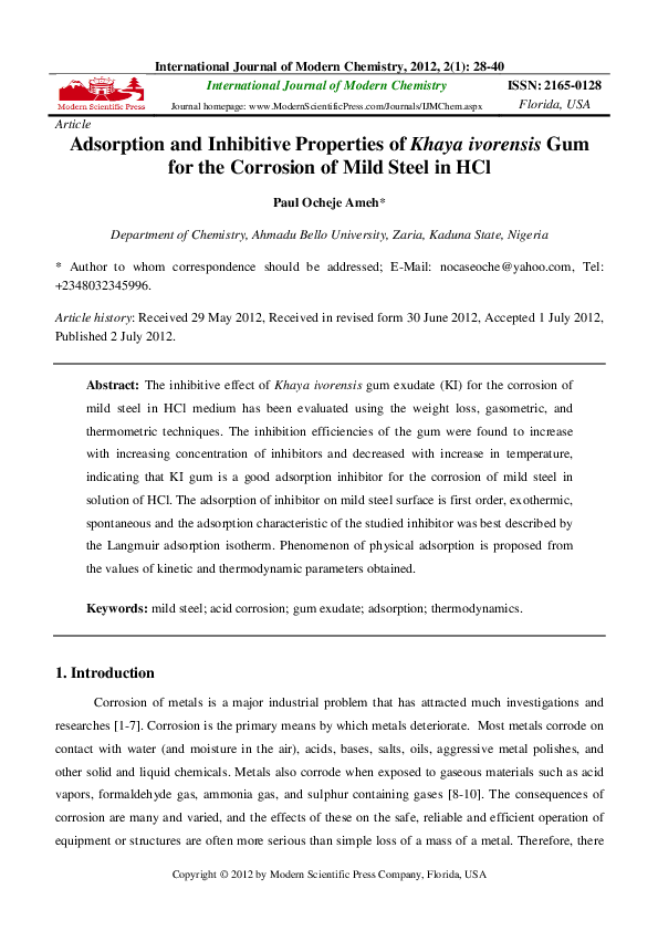 (PDF) Adsorption and Inhibitive Properties of Khaya ivorensis Gum for the Corrosion of Mild ...