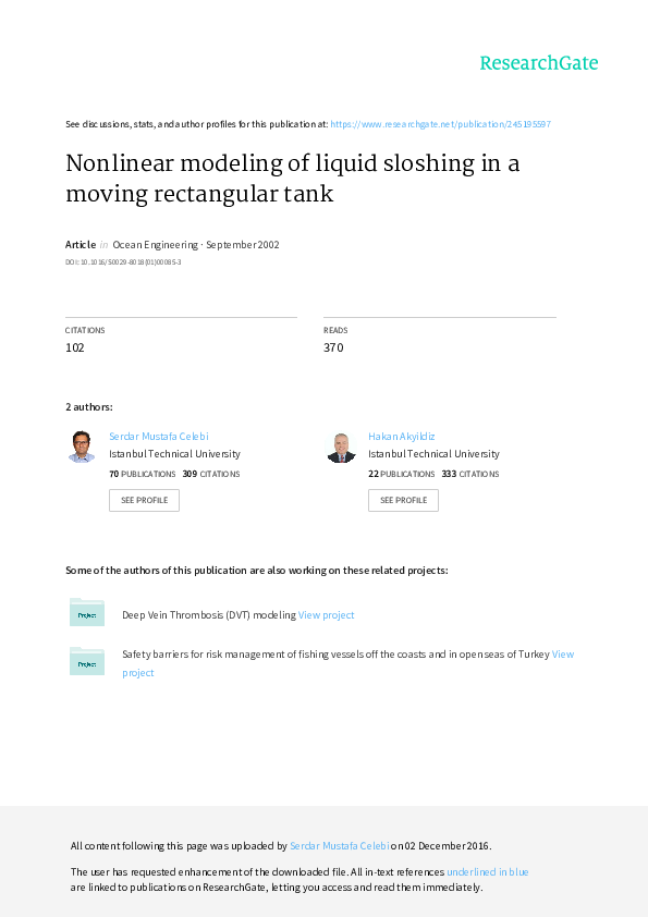 (PDF) Nonlinear modeling of liquid sloshing in a moving rectangular tank