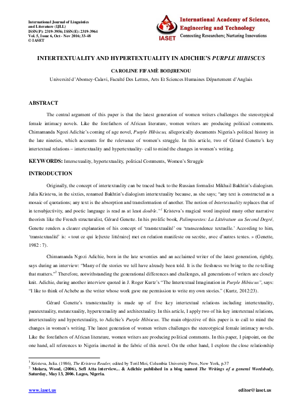 (PDF) INTERTEXTUALITY AND HYPERTEXTUALITY IN ADICHIE'S PURPLE HIBISCUS