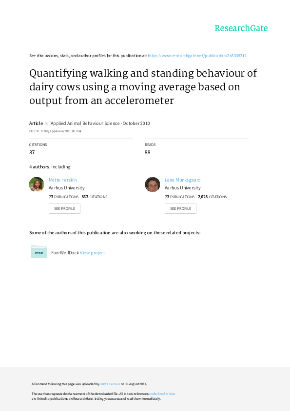 (PDF) Quantifying walking and standing behaviour of dairy cows using a moving average based on ...