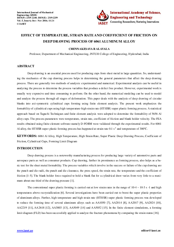 (PDF) EFFECT OF TEMPERATURE, STRAIN RATE AND COEFFICIENT OF FRICTION ON DEEP DRAWING PROCESS OF ...