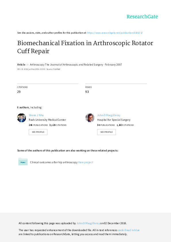 (PDF) Biomechanical Fixation in Arthroscopic Rotator Cuff Repair