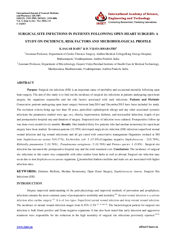 (PDF) SURGICAL SITE INFECTIONS IN PATIENTS FOLLOWING OPEN HEART SURGERY ...