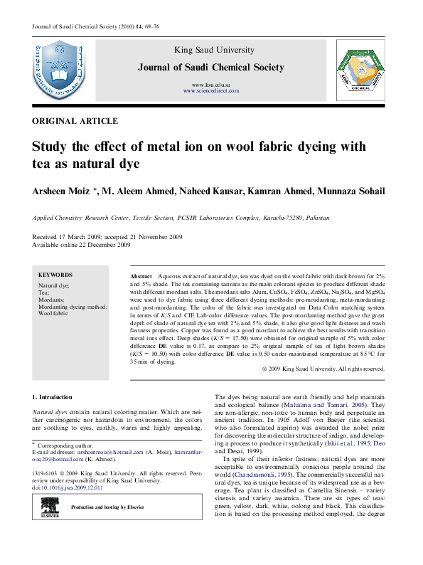 (PDF) Study the effect of metal ion on wool fabric dyeing with tea as natural dye