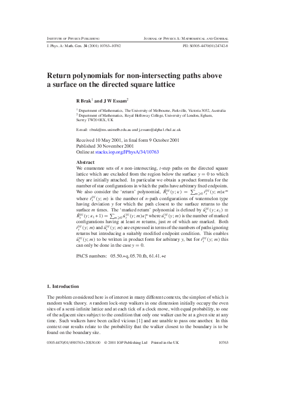 Pdf Return Polynomials For Non Intersecting Paths Above A Surface On
