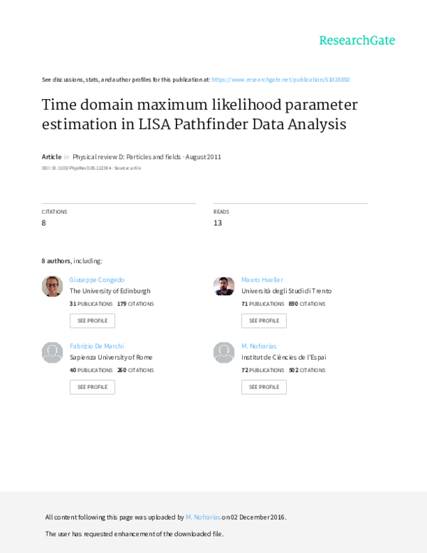 Pdf Time Domain Maximum Likelihood Parameter Estimation In Lisa Pathfinder Data Analysis